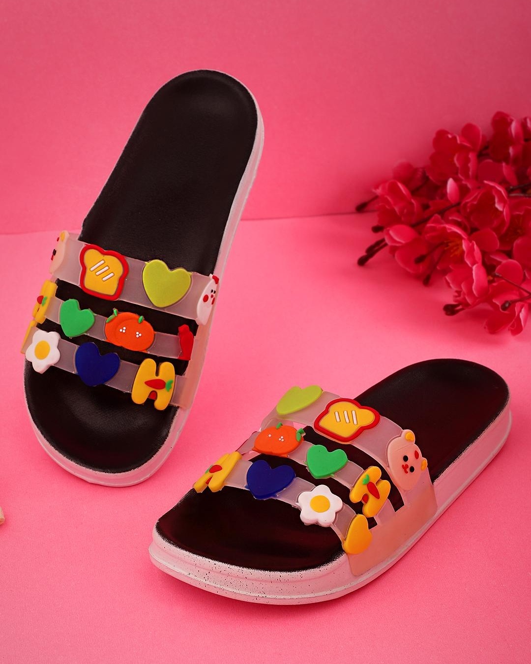 Buy Women's Black Mix Veg Self Design Sliders Online in India at Bewakoof