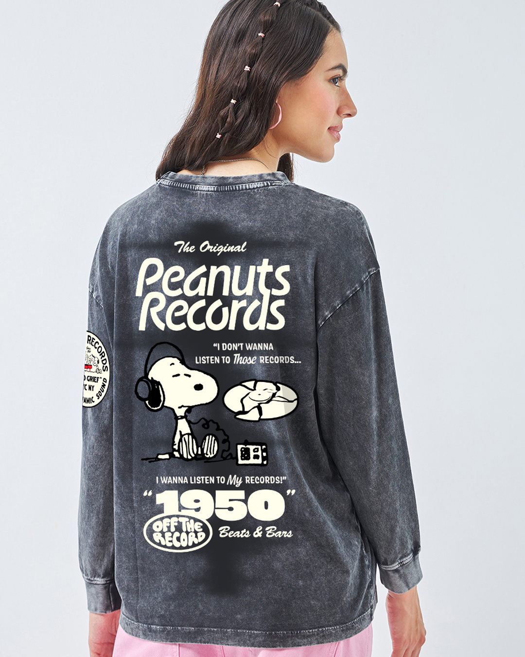 Buy Women's Black Peanuts Records Graphic Printed Oversized Acid Wash T-shirt Online at Bewakoof