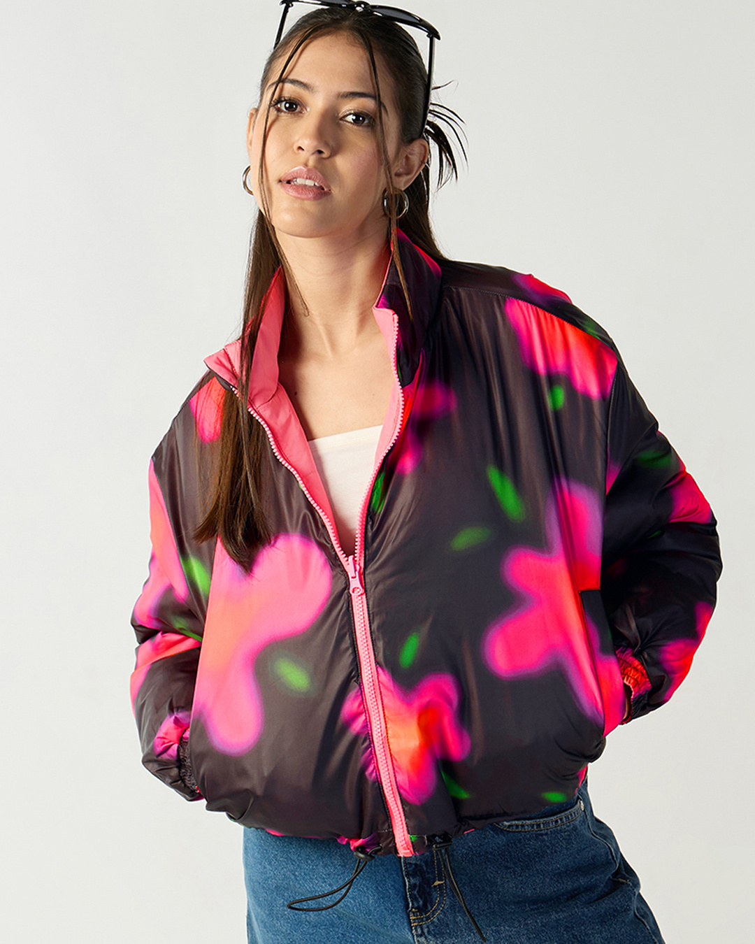 Buy Women's Black & Pink All Over Printed Oversized Reversible Puffer ...