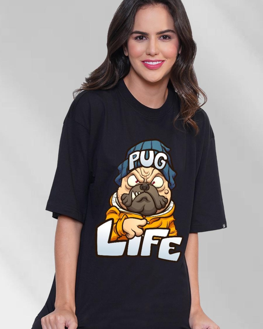 Buy Women's Black Pug Life Graphic Printed Oversized T-shirt Online at ...