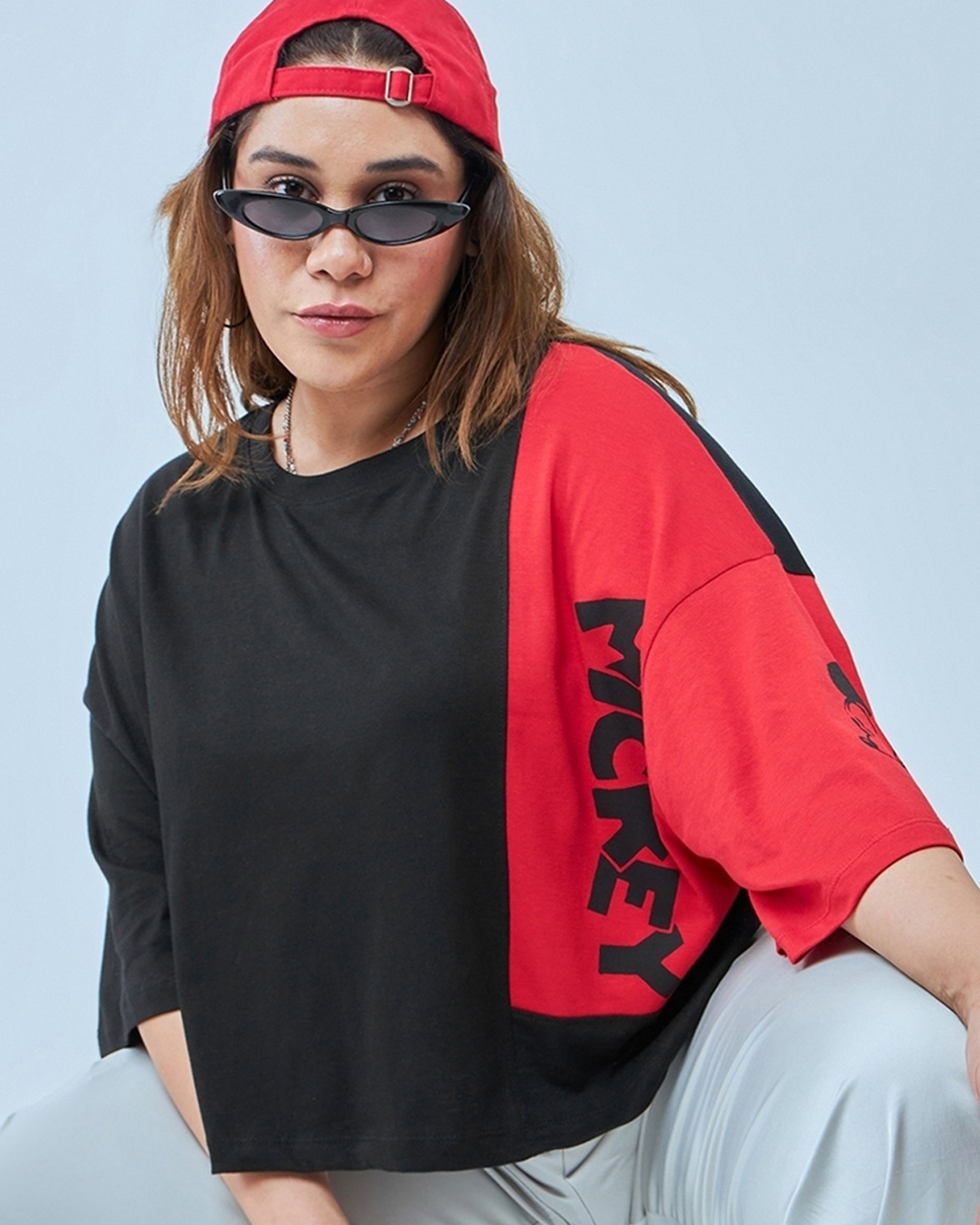 Buy Women's Black & Red Smiling Mickey Graphic Printed Oversized Plus Size Short Top Online at ...