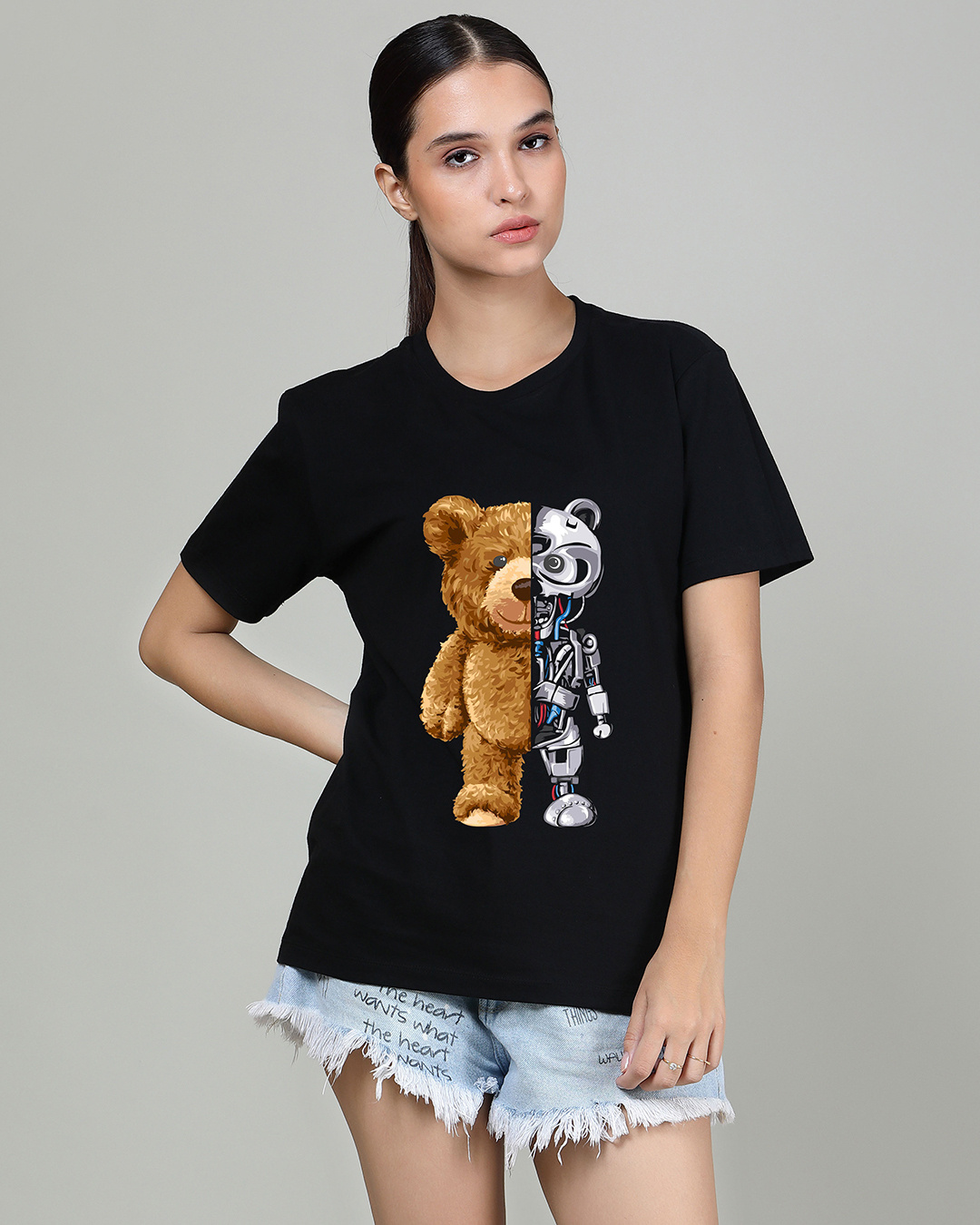 Buy Women's Black Robo Teddy Graphic Printed T-shirt Online at Bewakoof