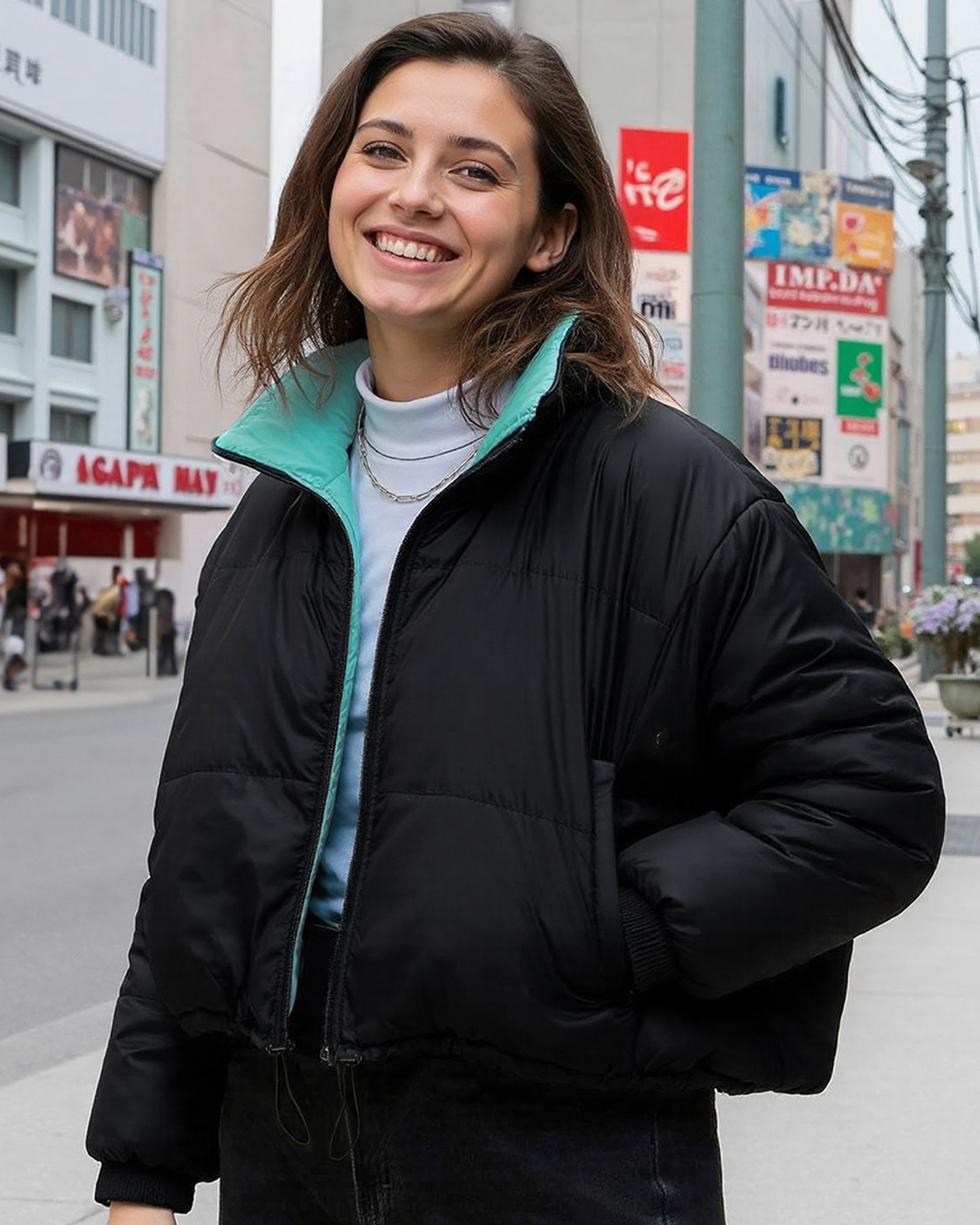 Buy Women's Black & Sage Reversible Super Loose Fit Puffer Jacket ...