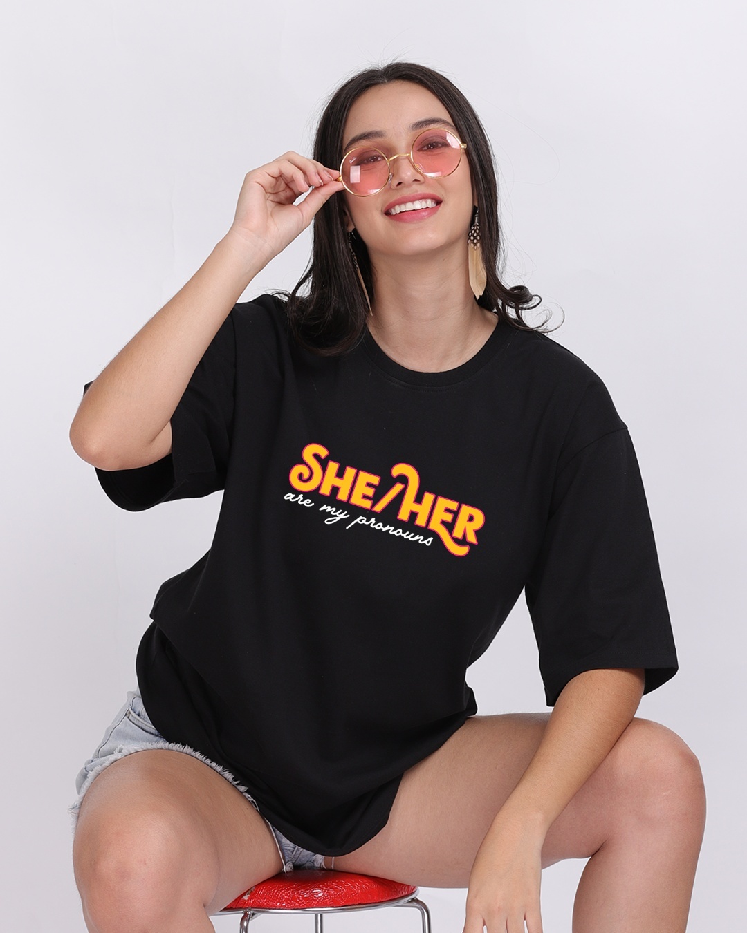 Buy Women's Black She Her Typography Oversized T-shirt Online at Bewakoof