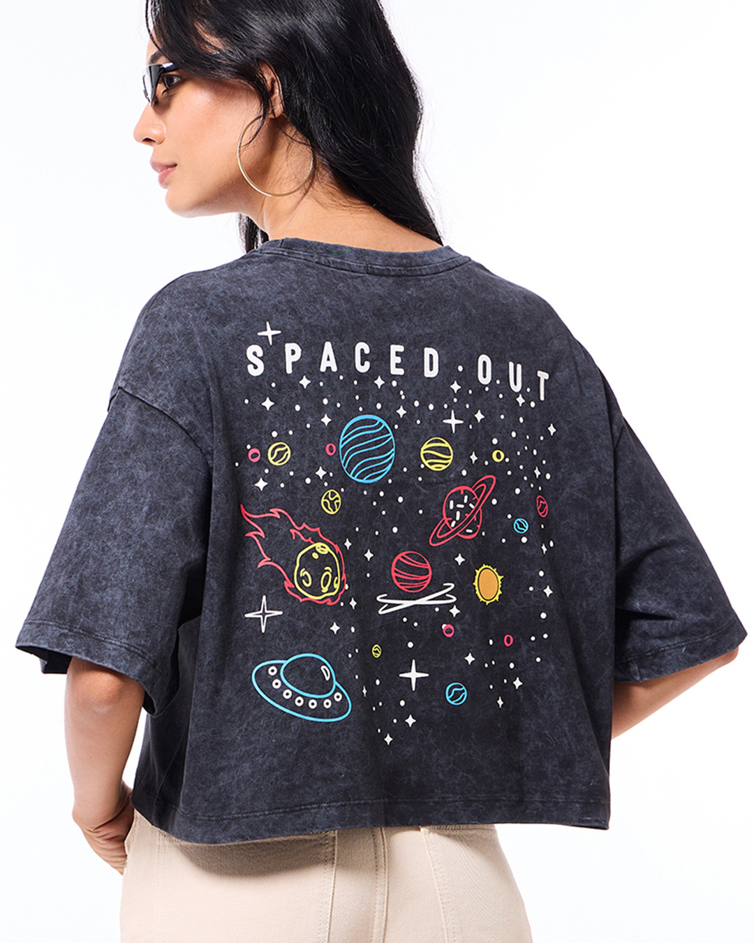 Buy Women's Black Spaced Out Graphic Printed Oversized Acid Wash Crop T ...