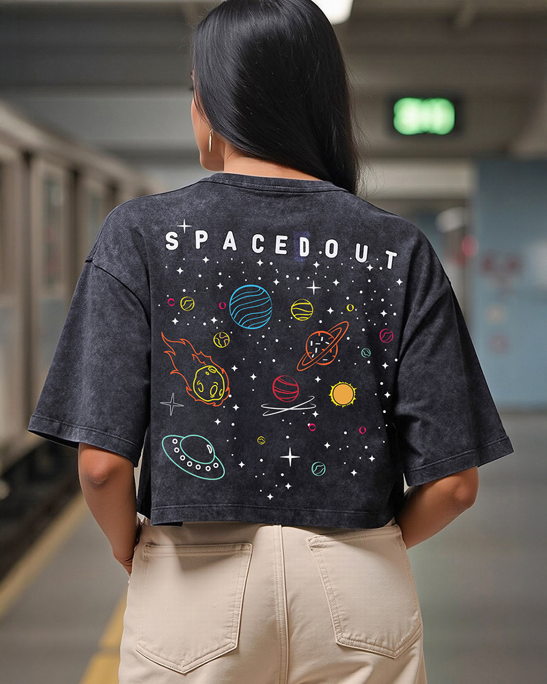 Buy Women's Black Spaced Out Graphic Printed Oversized Acid Wash Crop T-shirt Online at Bewakoof