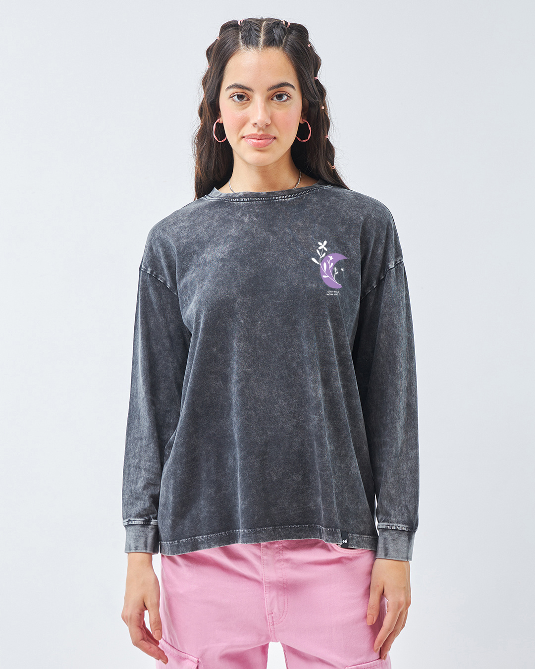 Buy Women's Black Stay Wild Moonchild Graphic Printed Oversized Acid ...