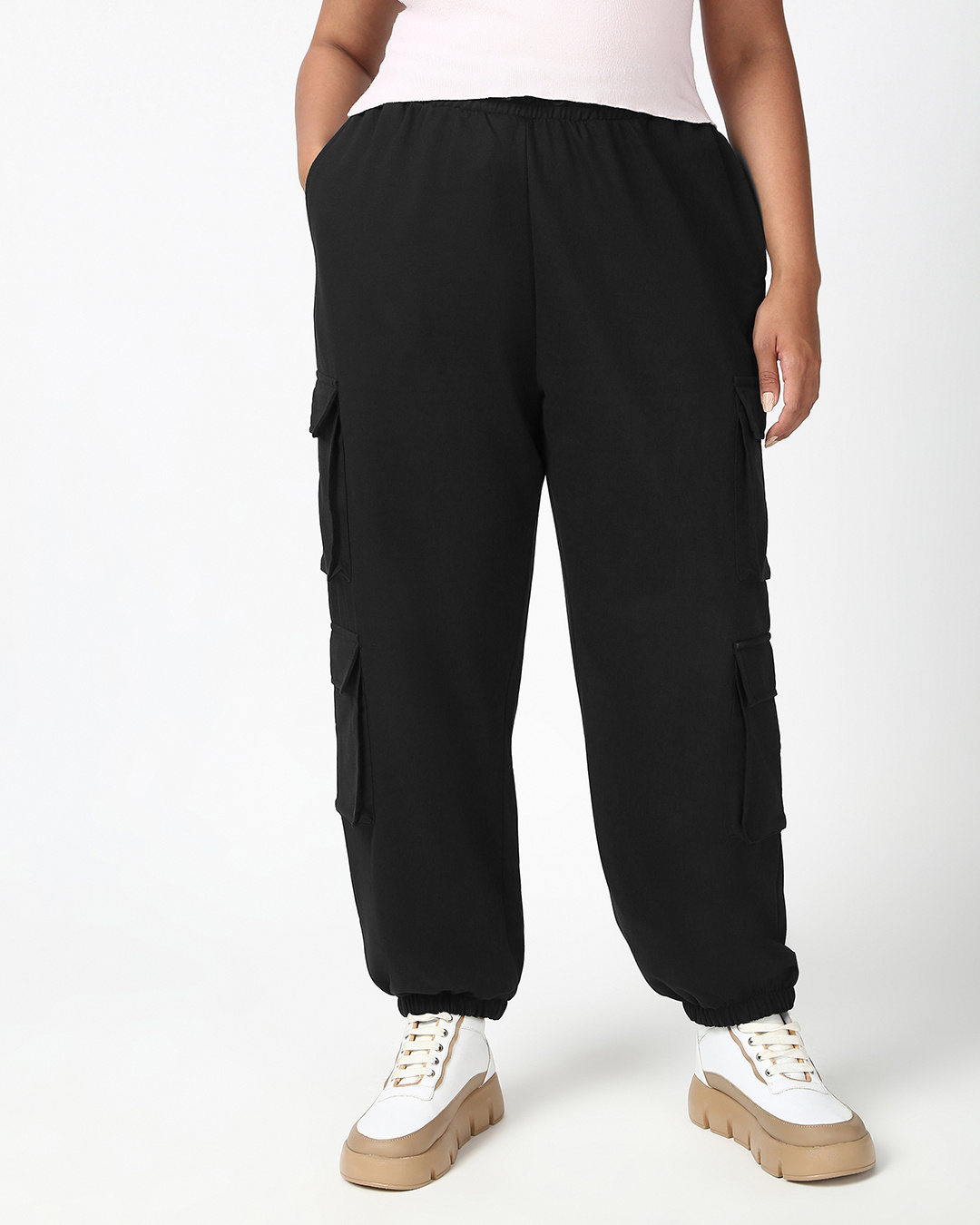 Buy Women's Black Super Loose Fit Plus Size Cargo Joggers Online at ...