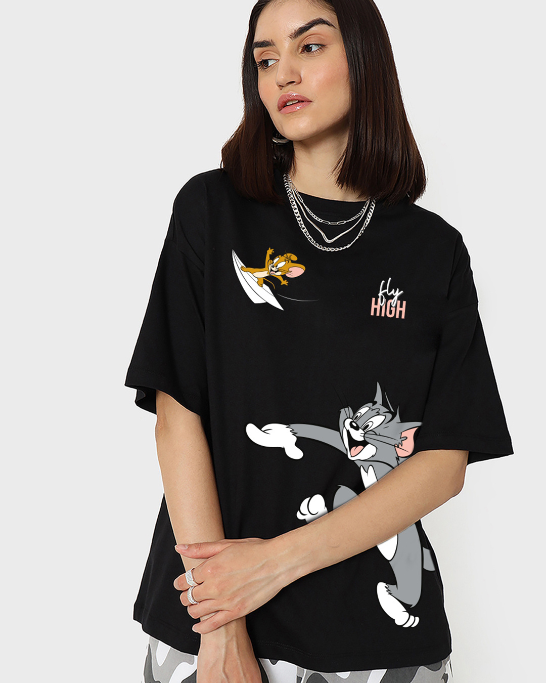 Buy Women's Black Tom&Jerry Fly High Graphic Printed Oversized T-shirt ...