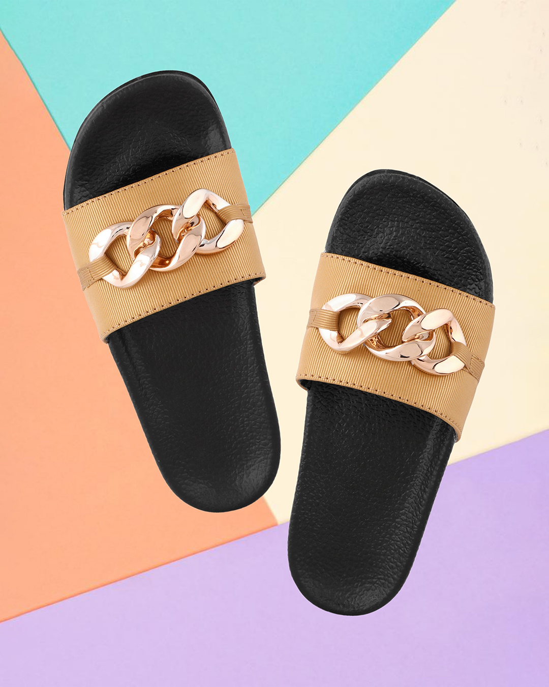 Buy Women's Black & Tan Embellished Sliders Online in India at Bewakoof