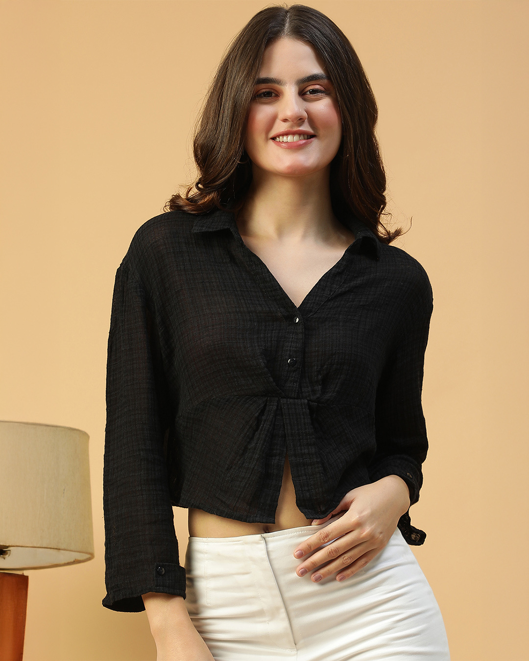Buy Women's Black Textured Crop Shirt Online at Bewakoof