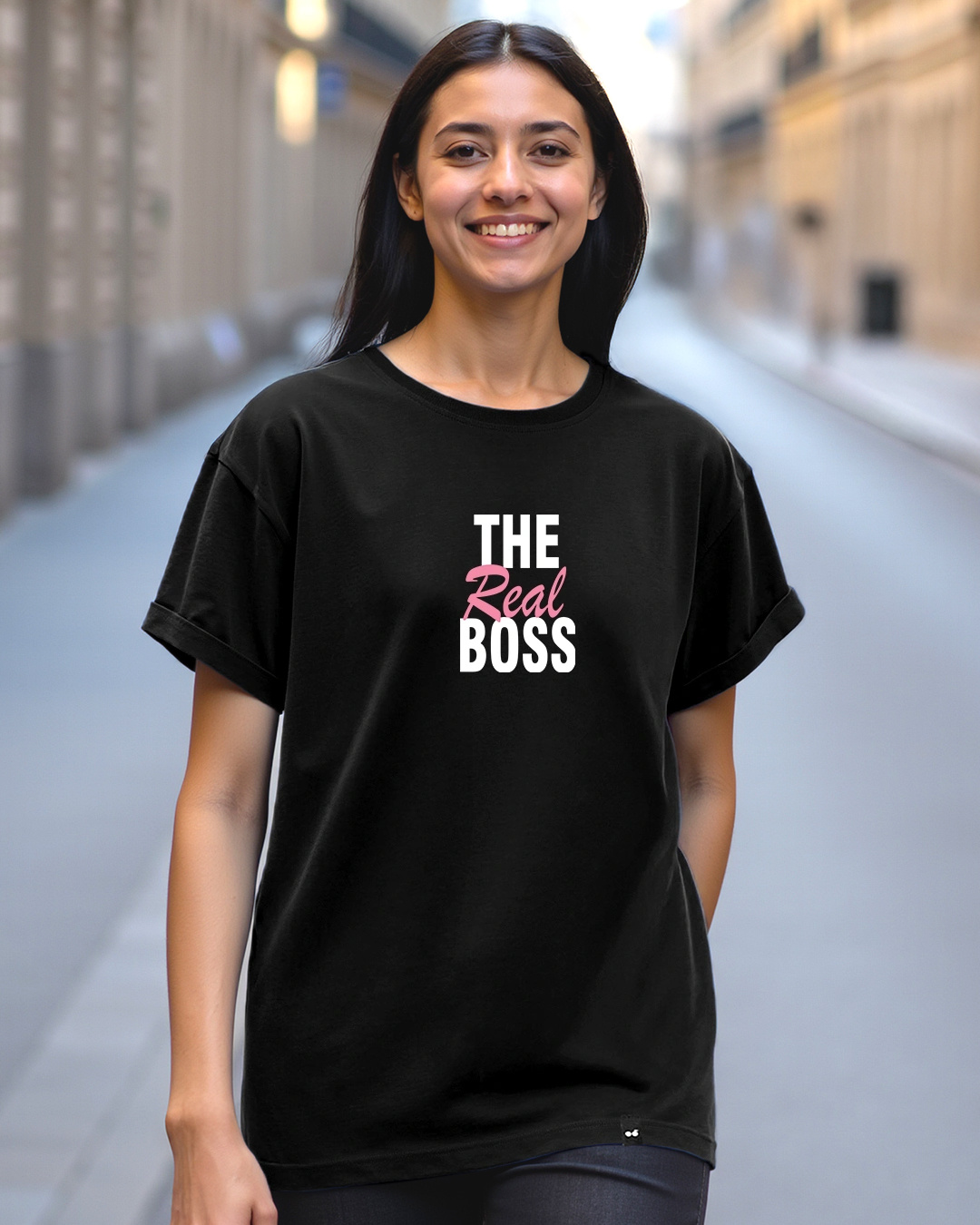 Buy Women's Black The Real Boss Typography Boyfriend T-shirt Online at ...