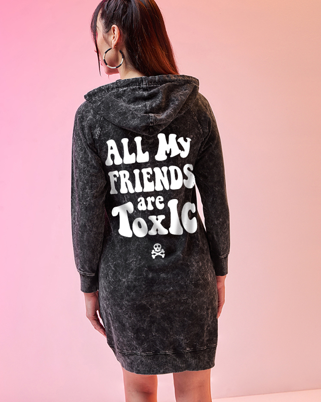 Buy Women's Black Toxic Graphic Printed Acid Wash Hoodie Dress Online ...