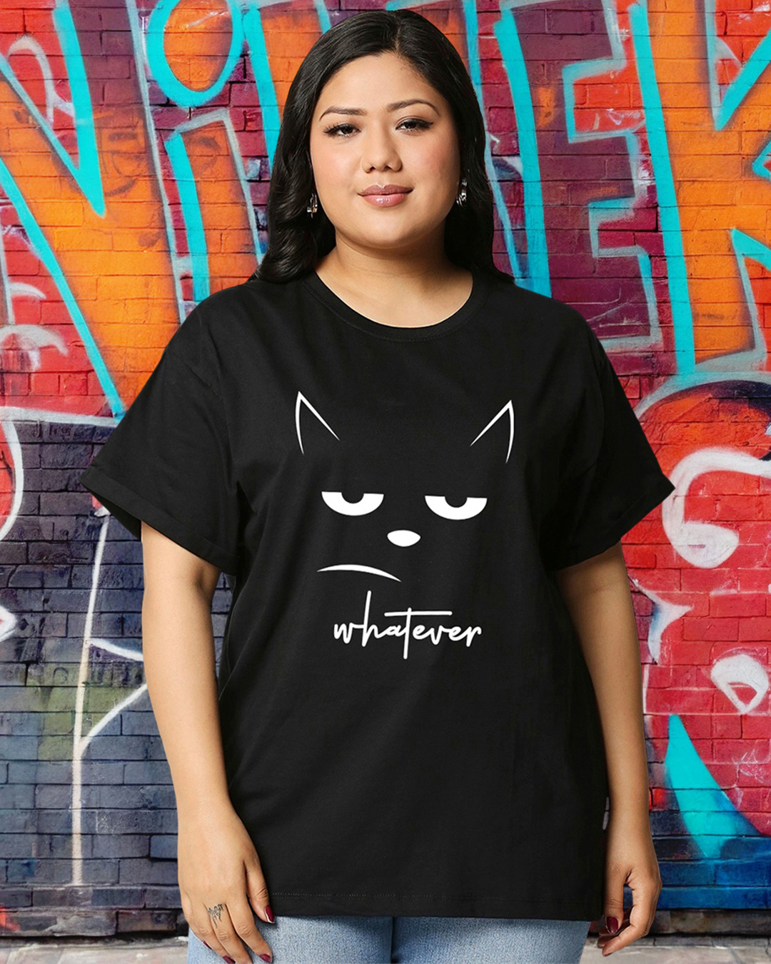Buy Women's Black Whatever Cat Graphic Printed Plus Size Boyfriend T-shirt Online at Bewakoof