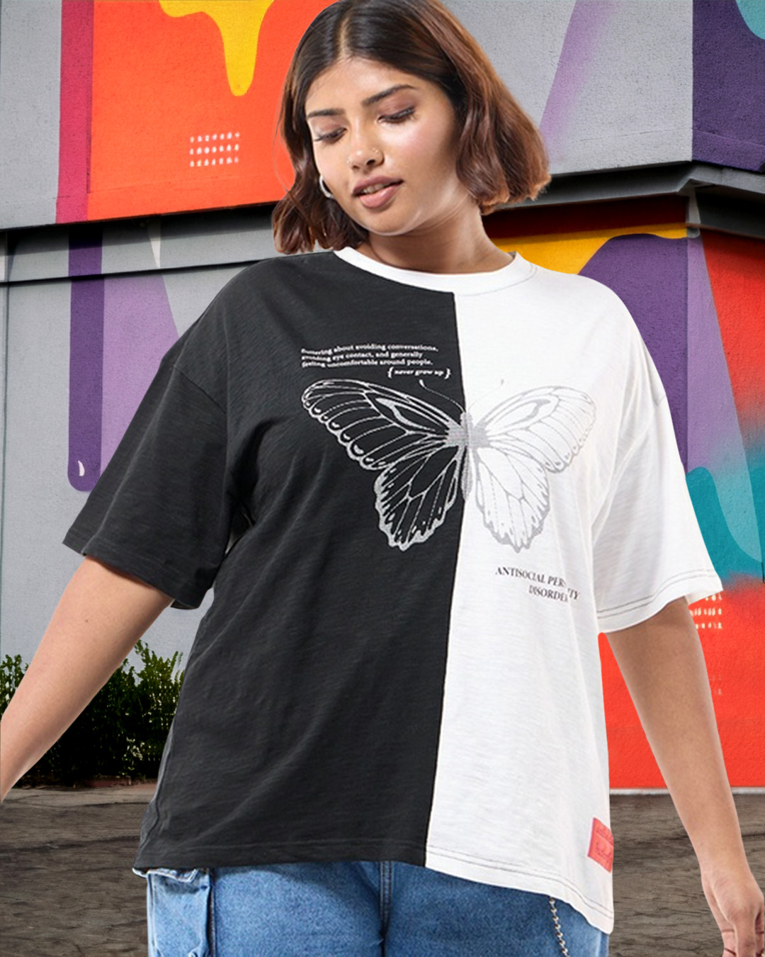 Buy Women's Black & White Anti Social Butterfly Graphic Printed Oversized Plus Size T-shirt ...