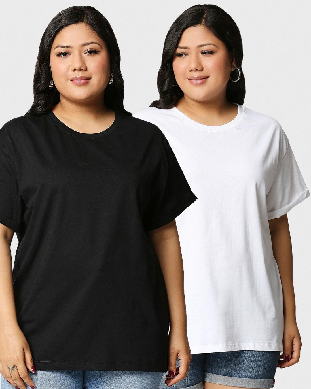 Buy Pack of 2 Women's Black & White Plus Size Boyfriend T-shirt Online ...