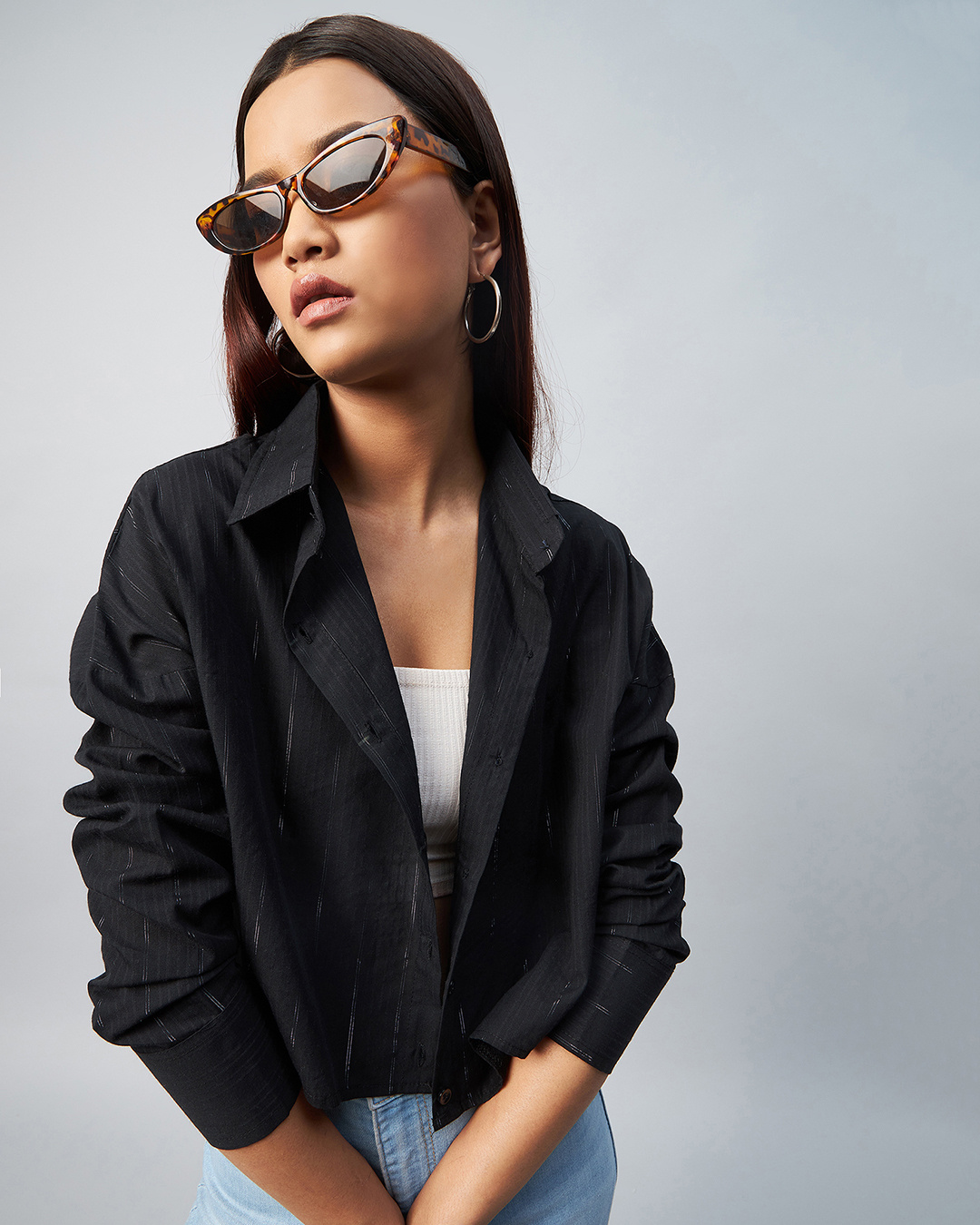 Buy Women's Black Striped Boxy Fit Drop Shoulder Crop Shirt Online at ...