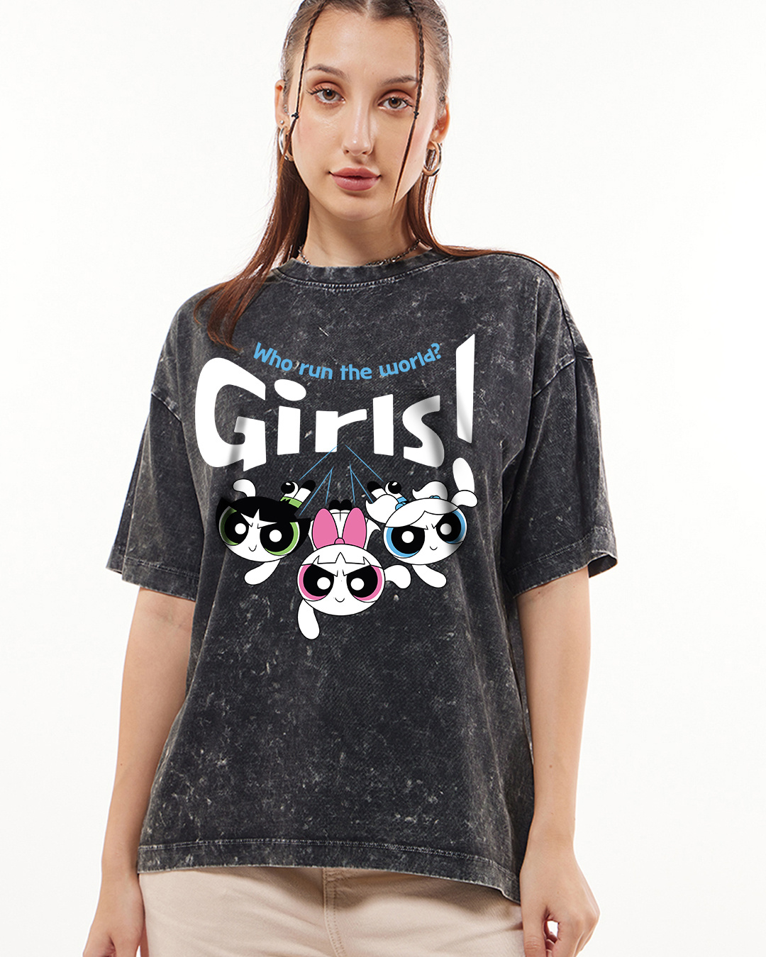 Buy Women's Black Who Run The World Graphic Printed Oversized Acid Wash ...