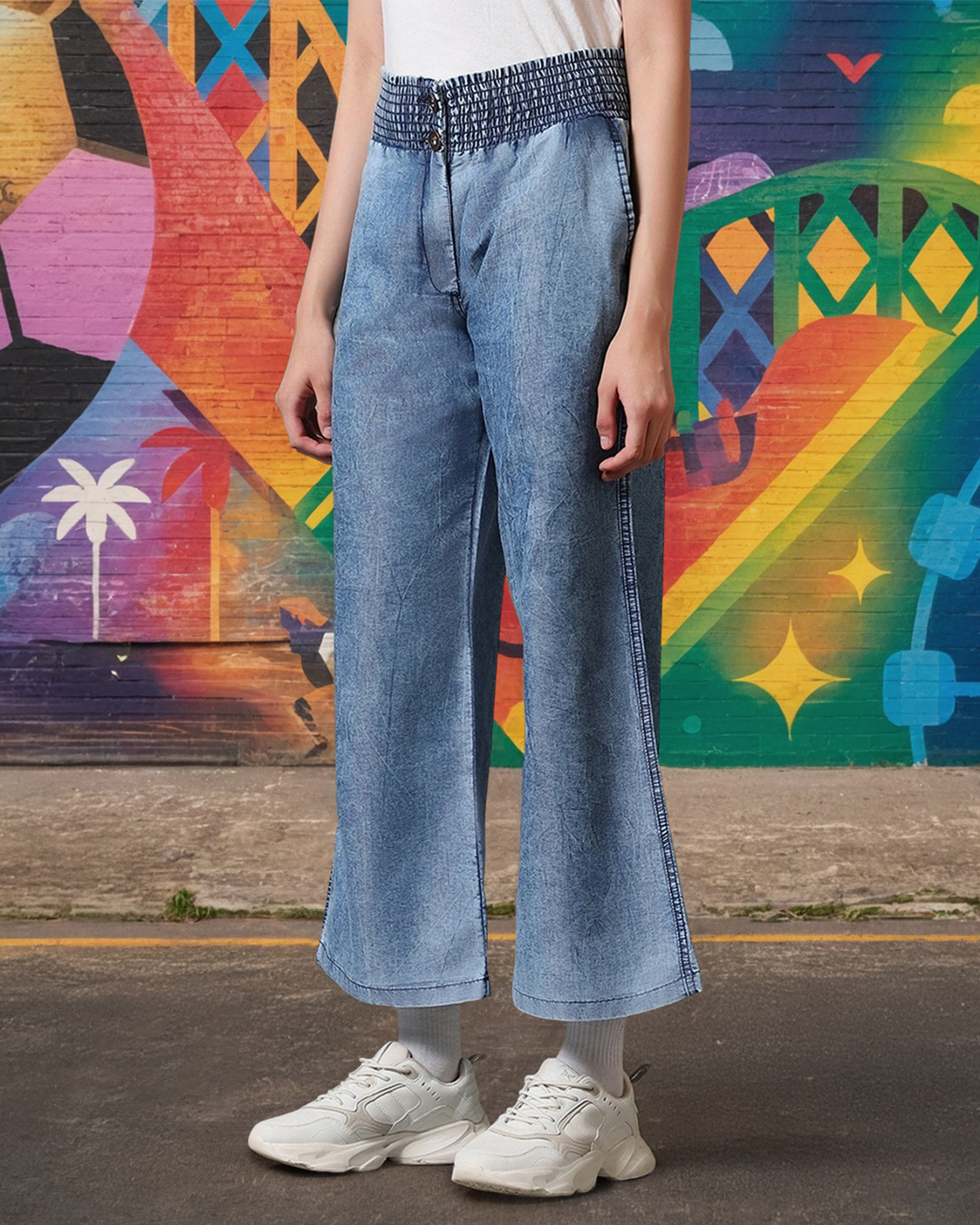 Buy Women's Blue Acid Wash Wide Leg Pants Online at Bewakoof
