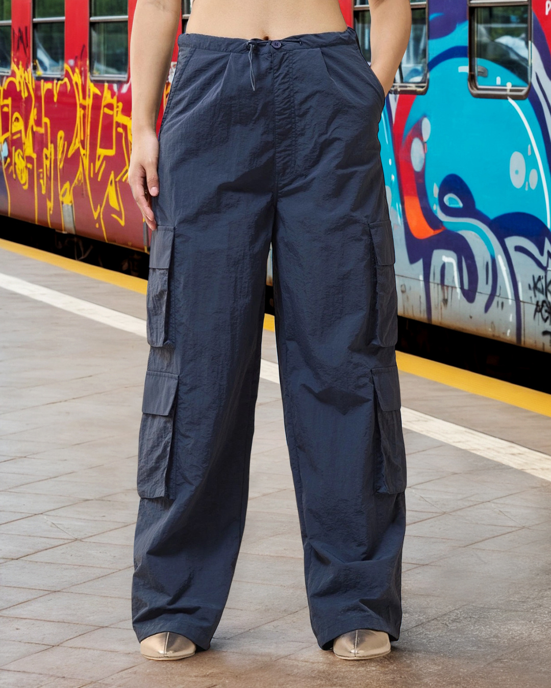 Buy Women's Blue Baggy Oversized Cargo Parachute Pants Online at Bewakoof