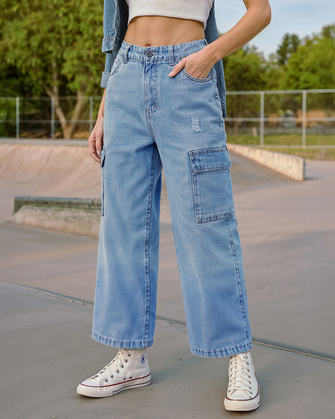 Buy Women's Blue Washed Baggy Straight Fit Cargo Korean Jeans Online at ...