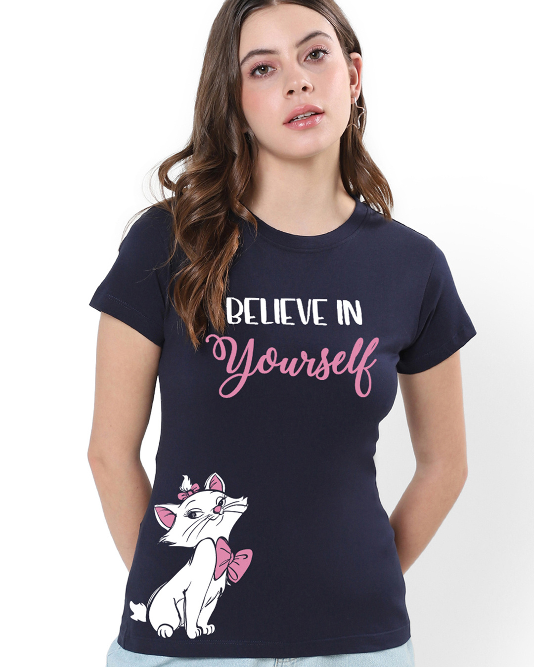 Buy Women's Blue Believe Cat Graphic Printed T-shirt Online at Bewakoof