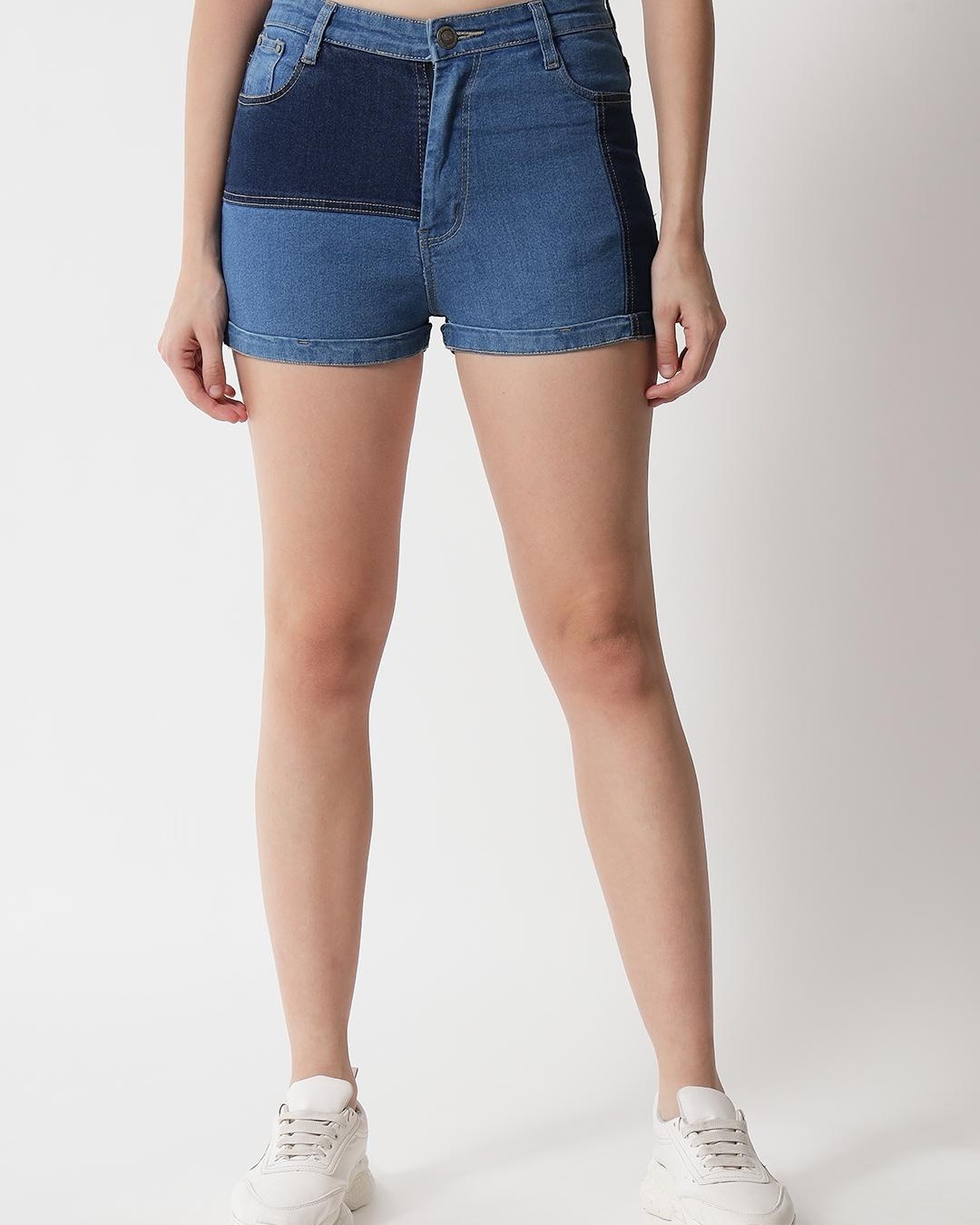 Buy Women's Blue Color Block Denim Shorts Online at Bewakoof