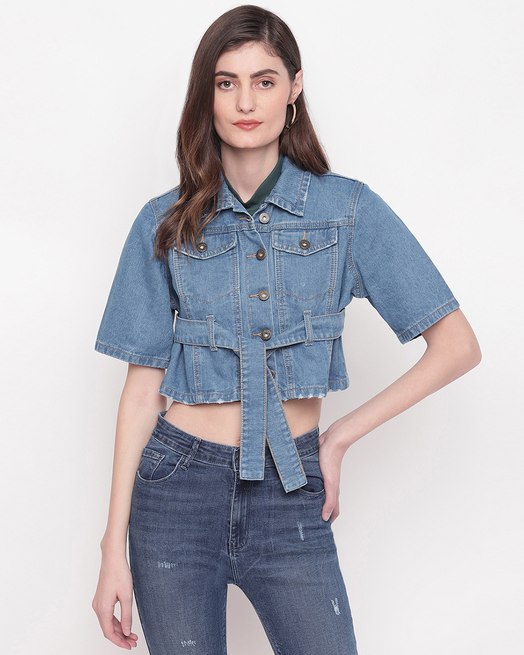 Buy Women's Blue Denim Cropped Jacket Online at Bewakoof