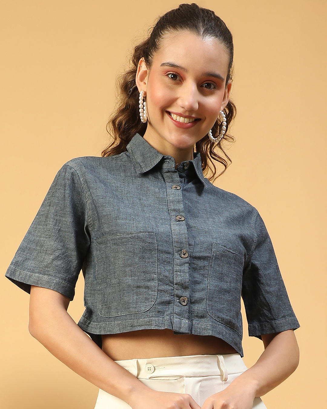 Buy Women's Blue Crop Shirt Online at Bewakoof
