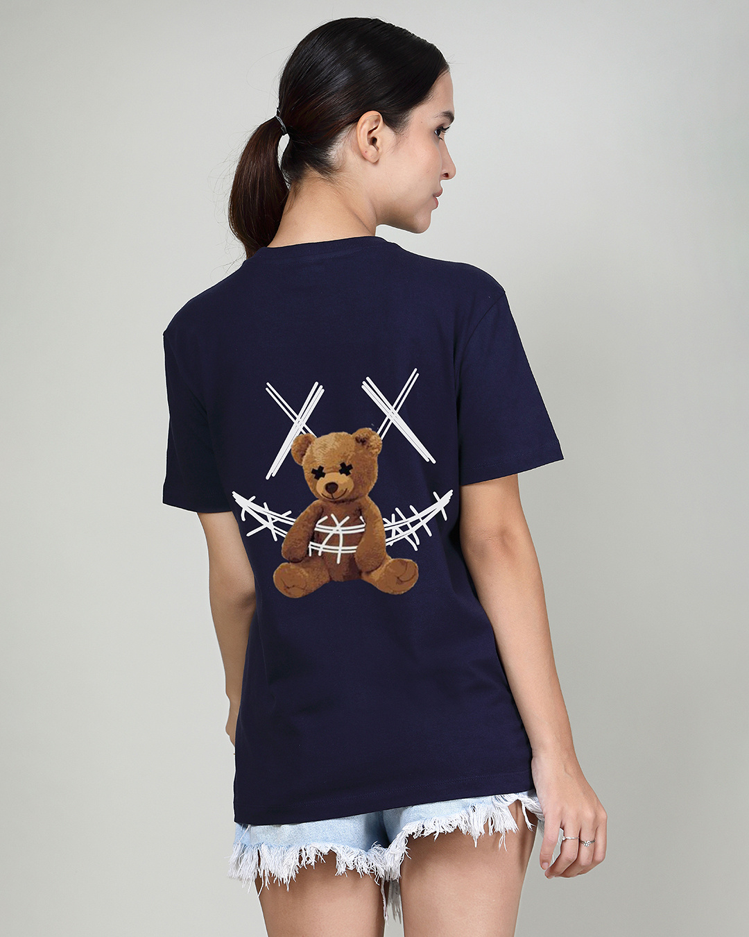 Buy Women's Blue Drawstring Bear Graphic Printed T-shirt Online at Bewakoof