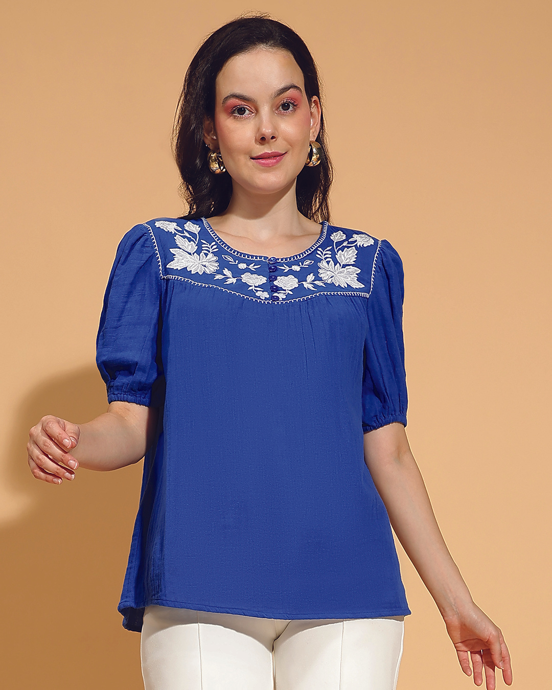 Buy Women's Blue Embroidered Top Online at Bewakoof