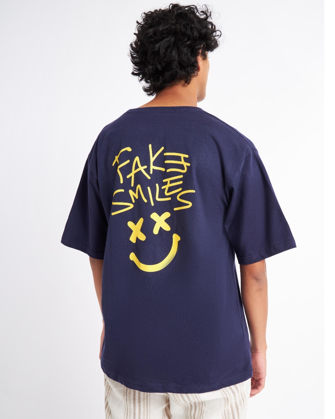 Buy Men's Blue Fake Smiles Typography Oversized T-shirt Online at Bewakoof