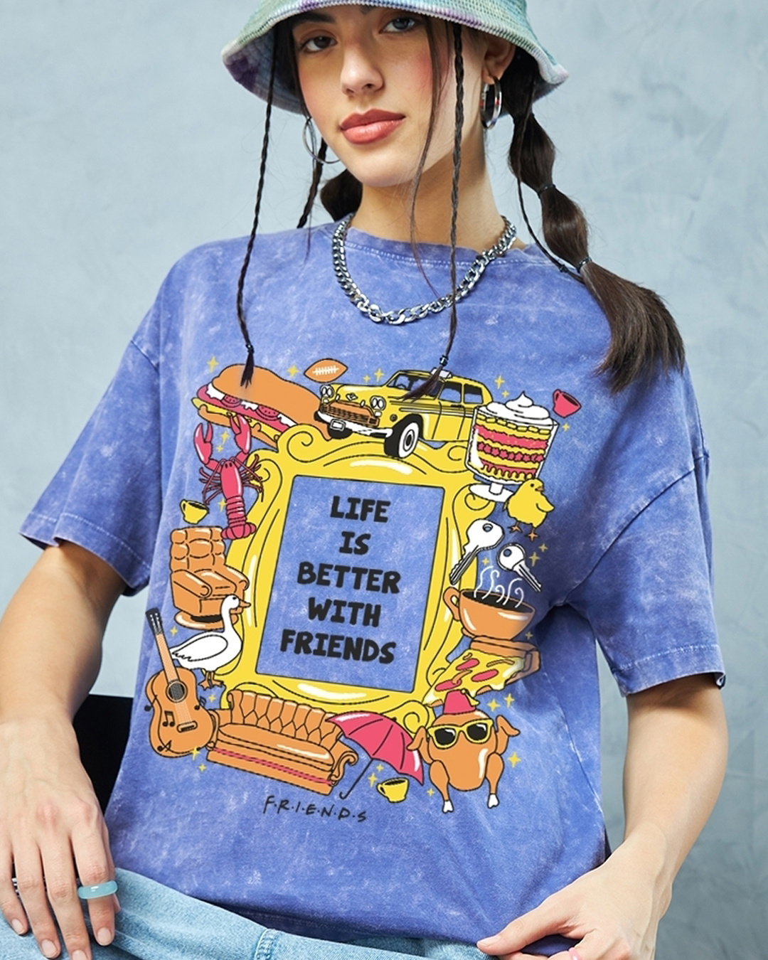 Buy Women's Blue Friends Life Graphic Printed Oversized Acid Wash T ...