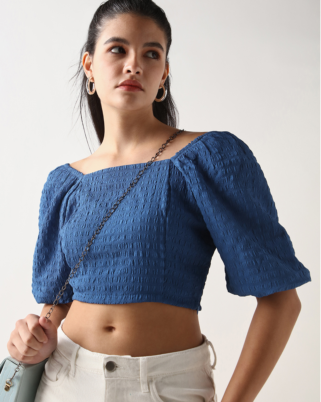 Buy Women's Blue Textured Short Top Online at Bewakoof