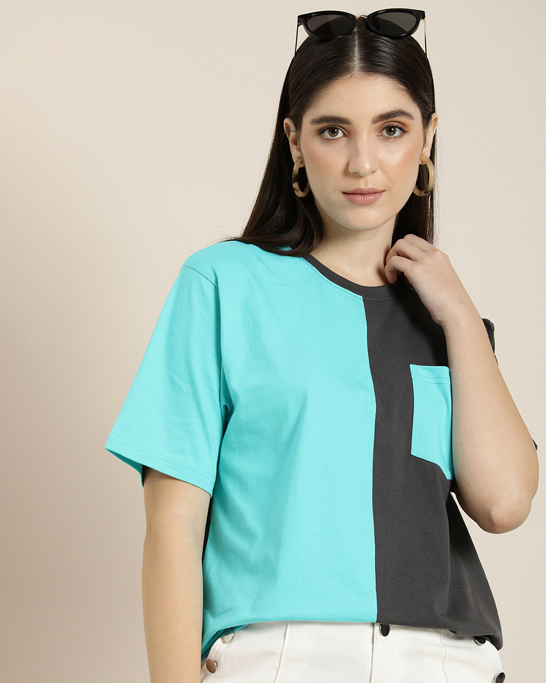 Buy Women's Blue & Grey Color Block Oversized T-shirt Online at Bewakoof