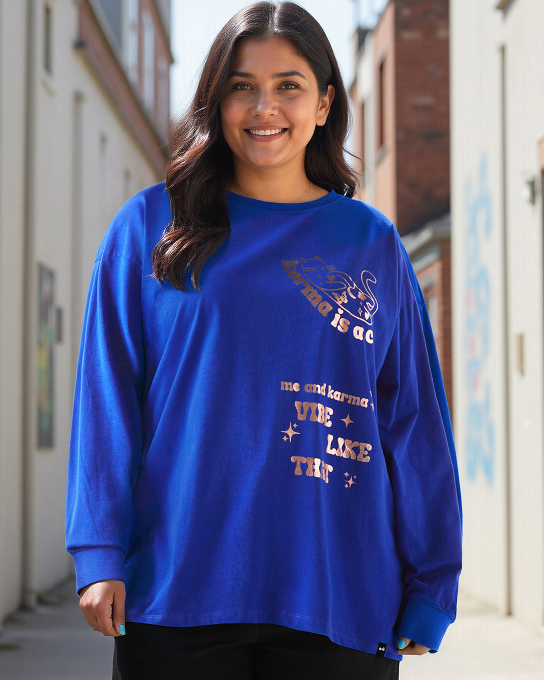 Buy Women's Blue Karma is a Cat Graphic Printed Oversized Plus Size T-shirt Online at Bewakoof