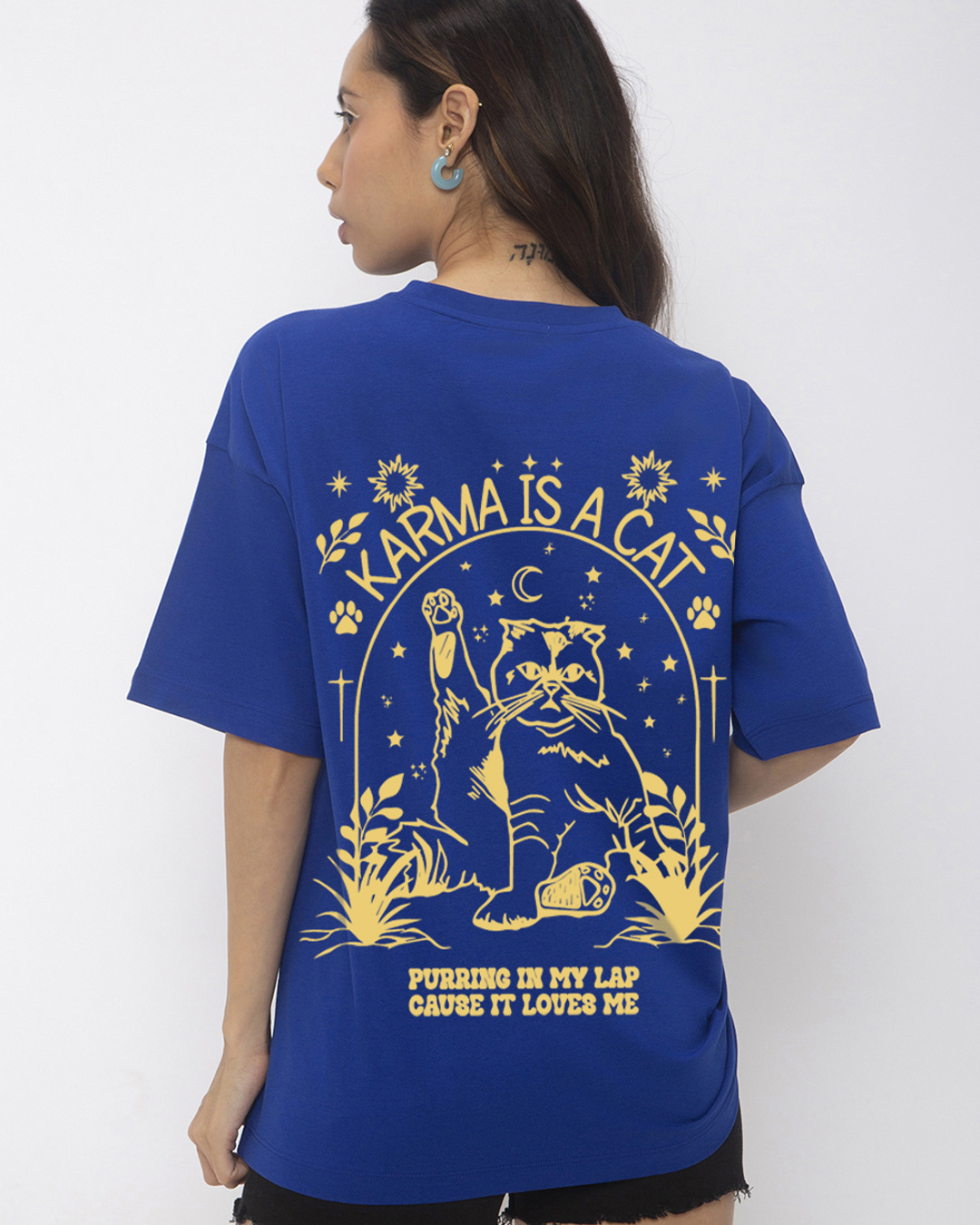 Buy Women's Blue Karma is a Cat Graphic Printed Oversized T-shirt Online at Bewakoof