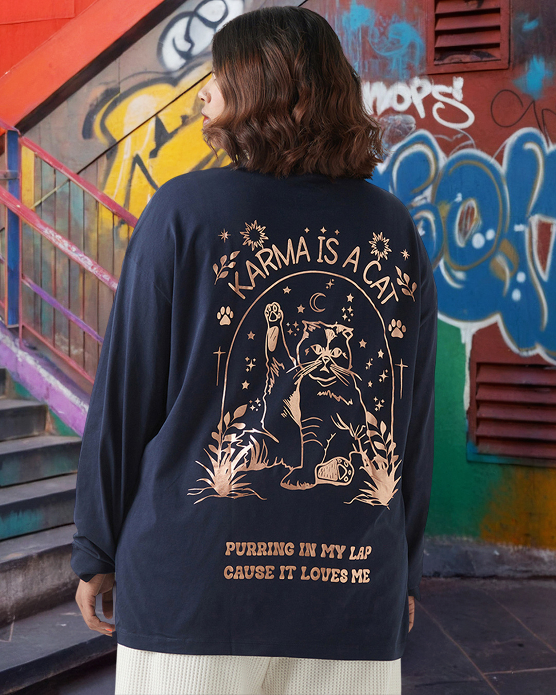 Buy Women's Blue Karma is a Cat Graphic Printed Plus Size T-shirt Online at Bewakoof