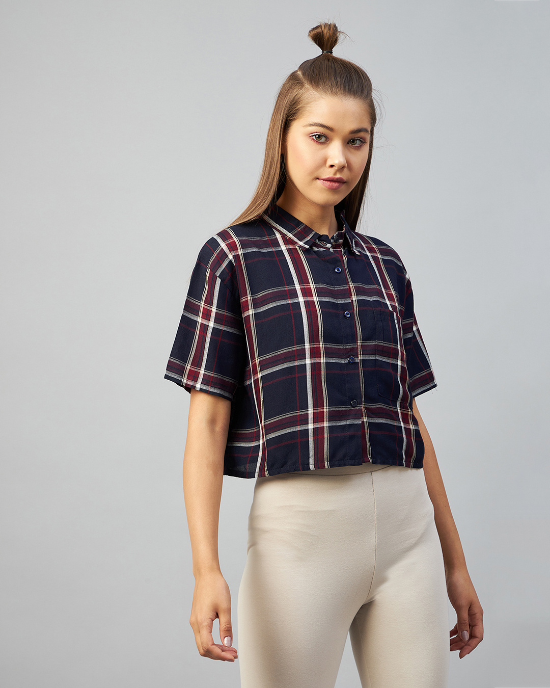 Buy Women's Blue & Maroon Checked Boxy Fit Crop Shirt Online at Bewakoof