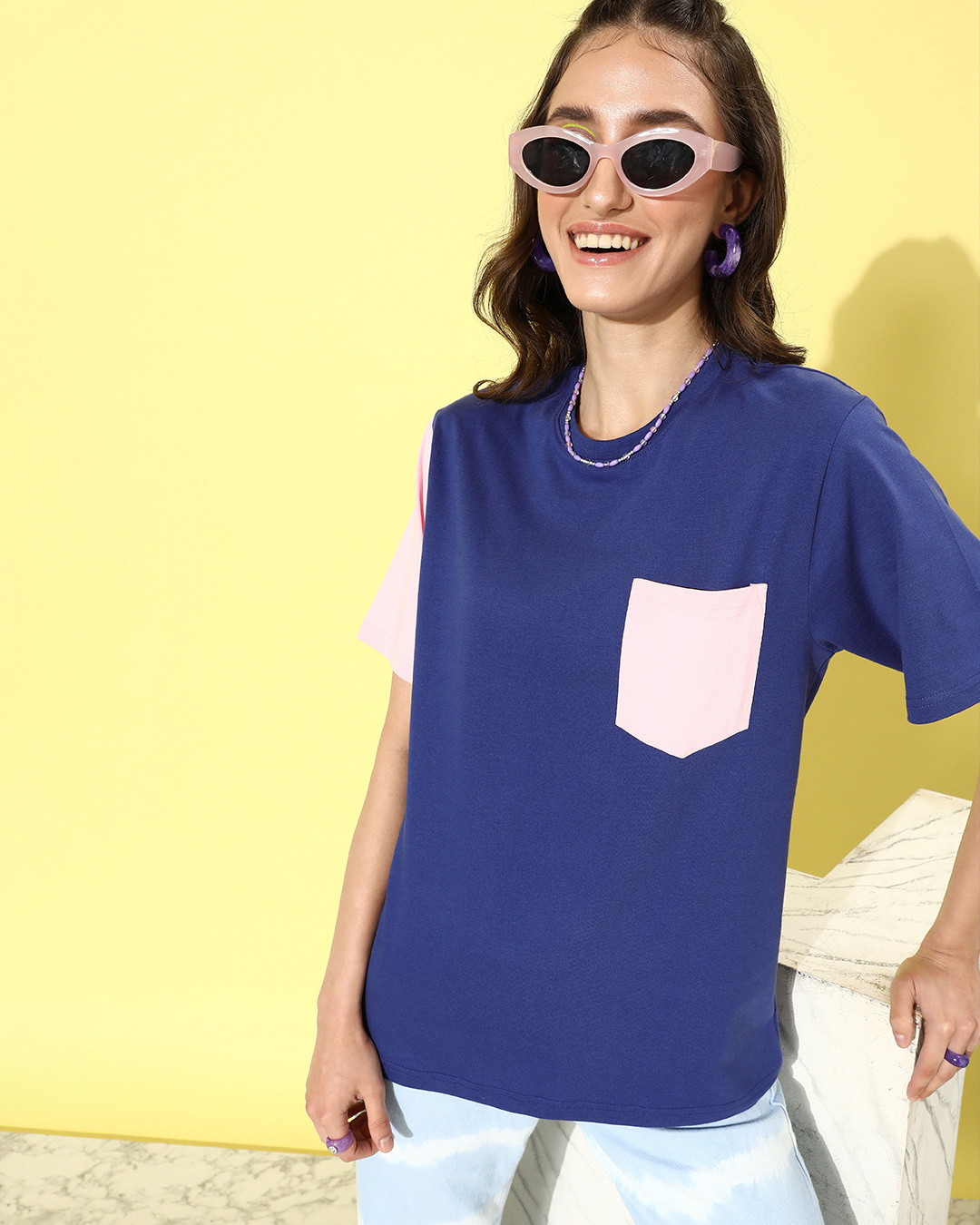 Buy Women's Blue & Pink Color Block Oversized T-shirt Online at Bewakoof