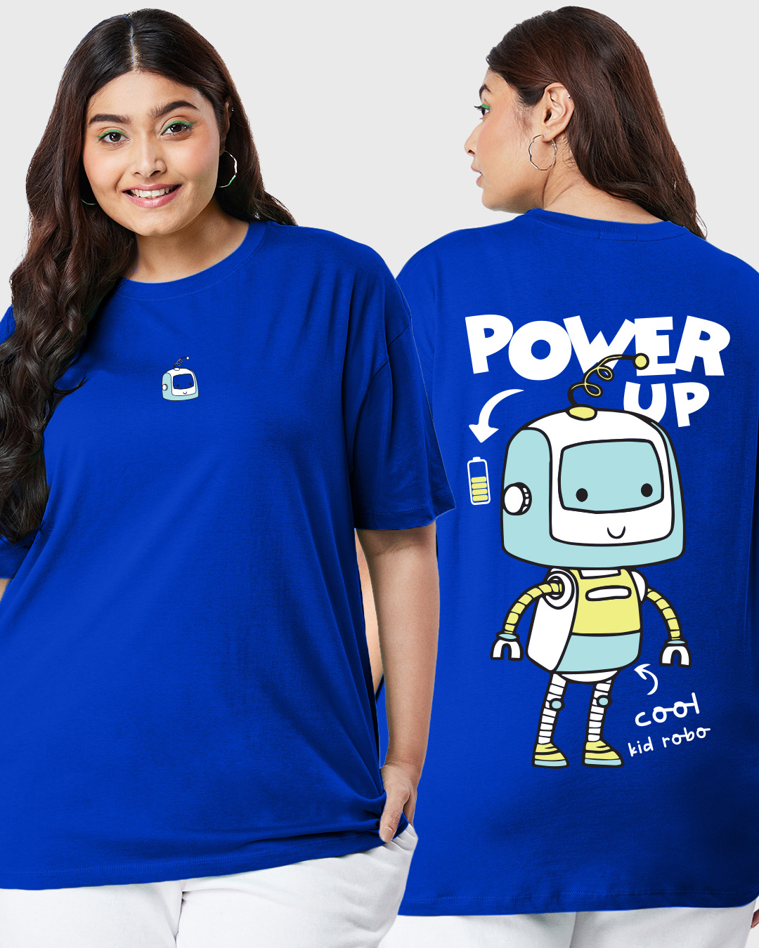 Buy Women's Blue Power Up Graphic Printed Oversized Plus Size T-shirt Online at Bewakoof