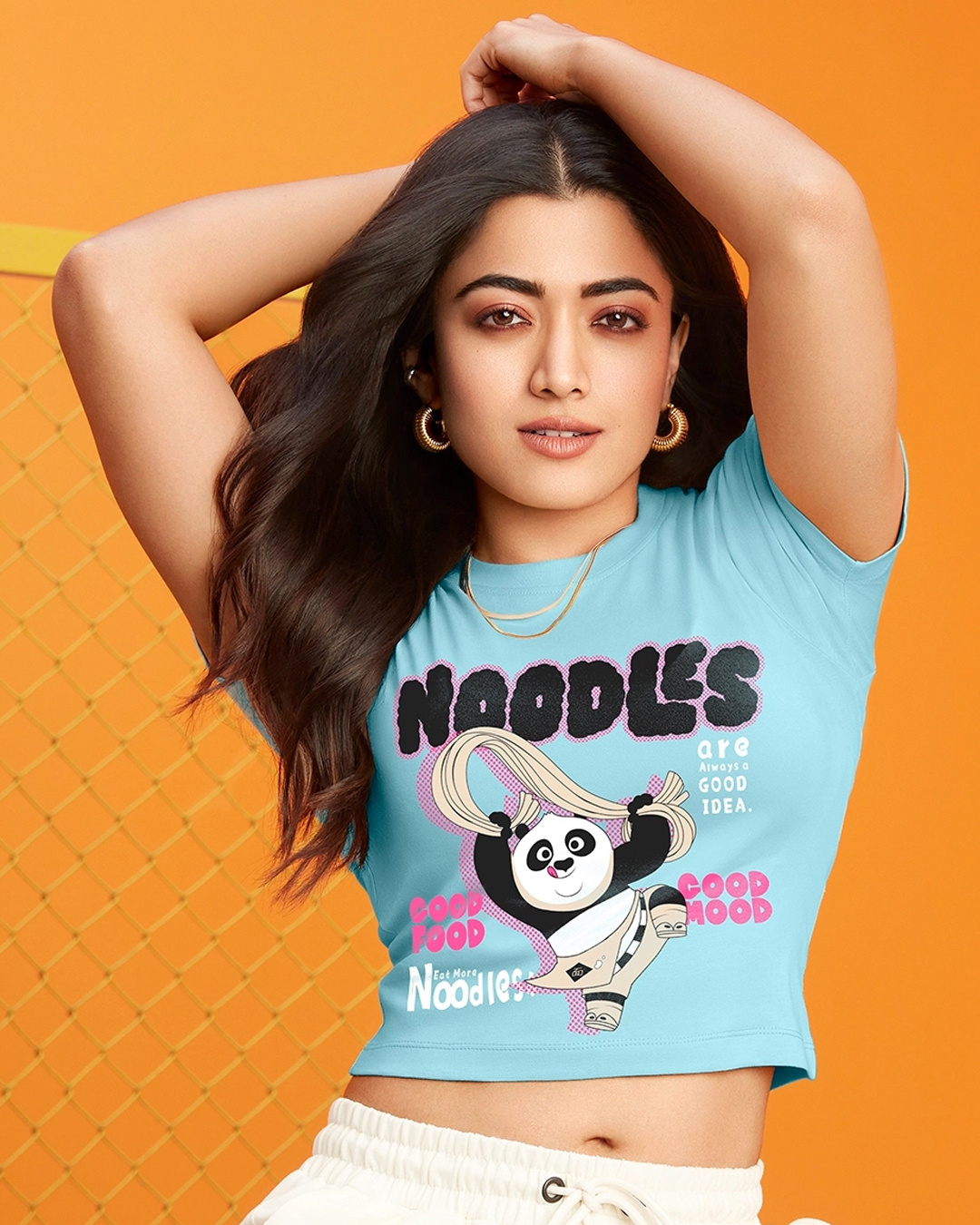 Buy Women's Blue Powered By Noodles Graphic Printed Slim Fit Short Top ...