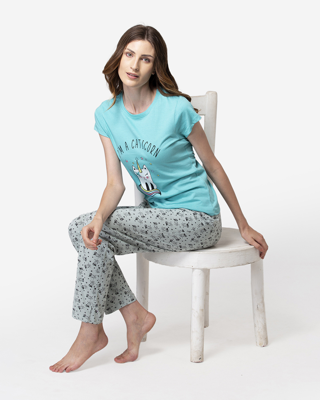 Buy Women's Blue Printed Relaxed Fit T-shirt & Pyjama Set Online in ...