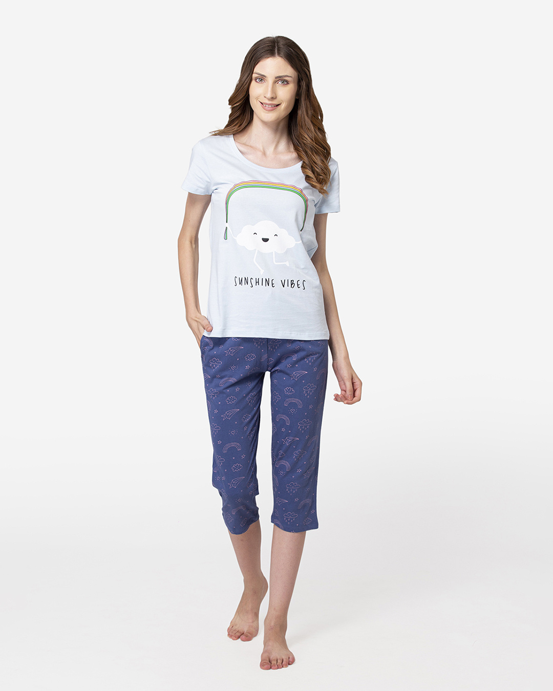 Buy Women's Blue Printed Relaxed Fit Top & Capri Set Online in India at ...