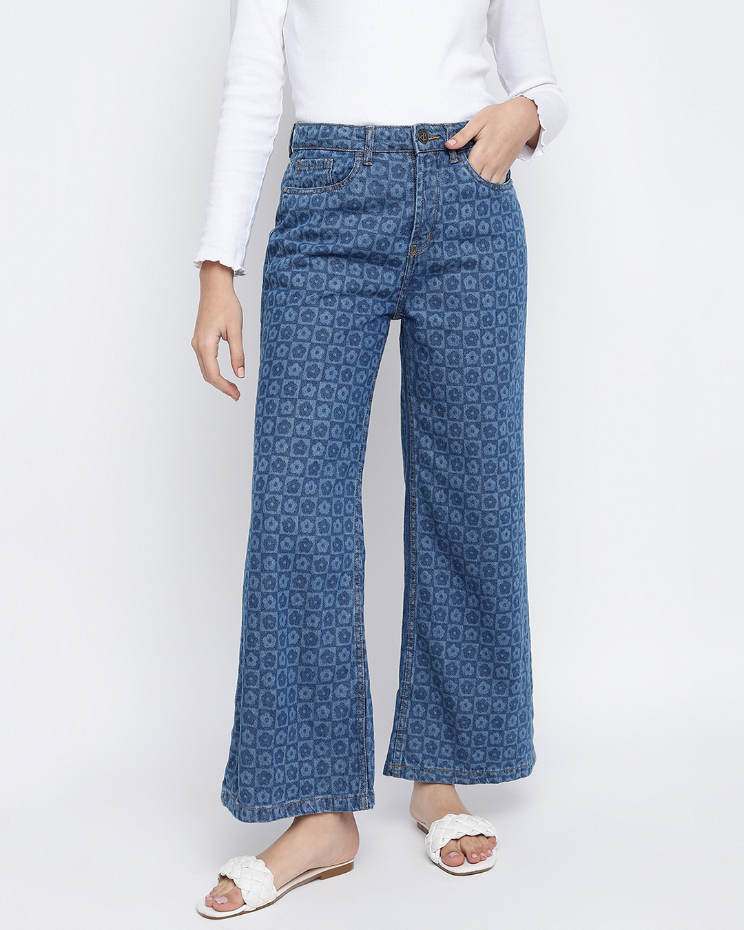 Buy Women's Blue Printed Wide Leg Jeans Online at Bewakoof