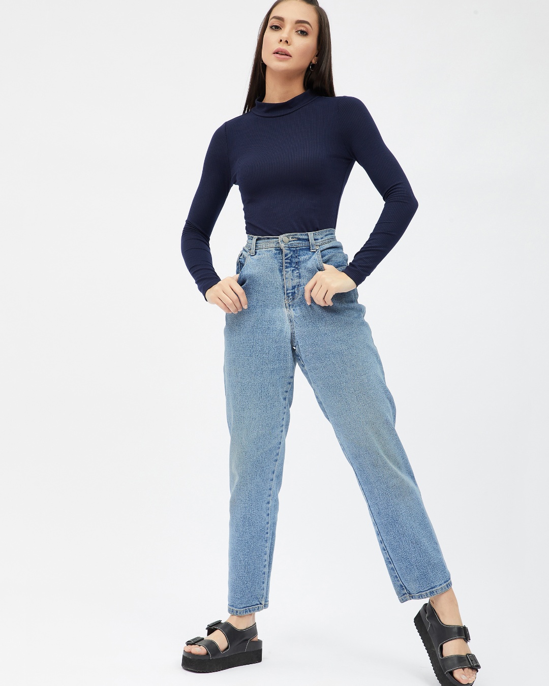 Buy Women's Blue Ribbed Full Sleeve Top Online at Bewakoof