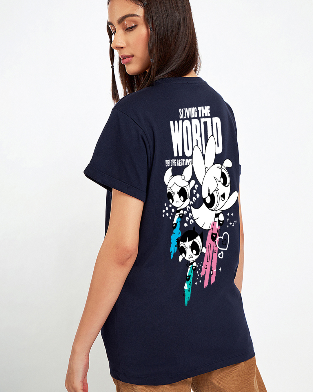 Buy Women's Blue Saving World Graphic Printed Boyfriend Fit T-shirt ...