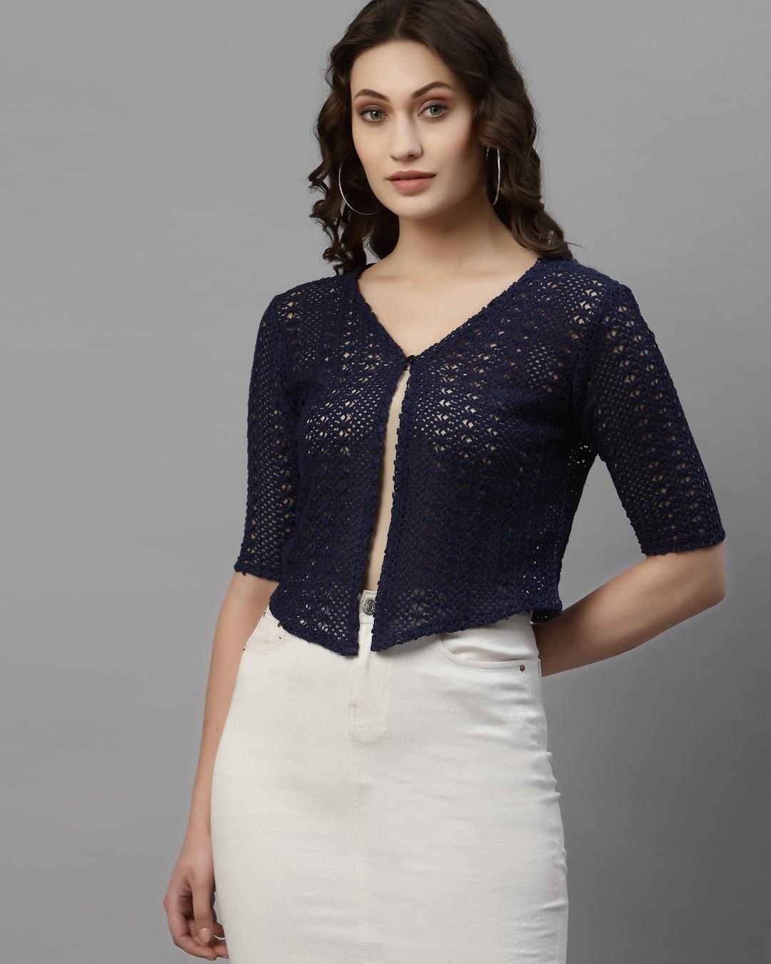 Buy Women's Blue Self Design Crop Shrug Online at Bewakoof