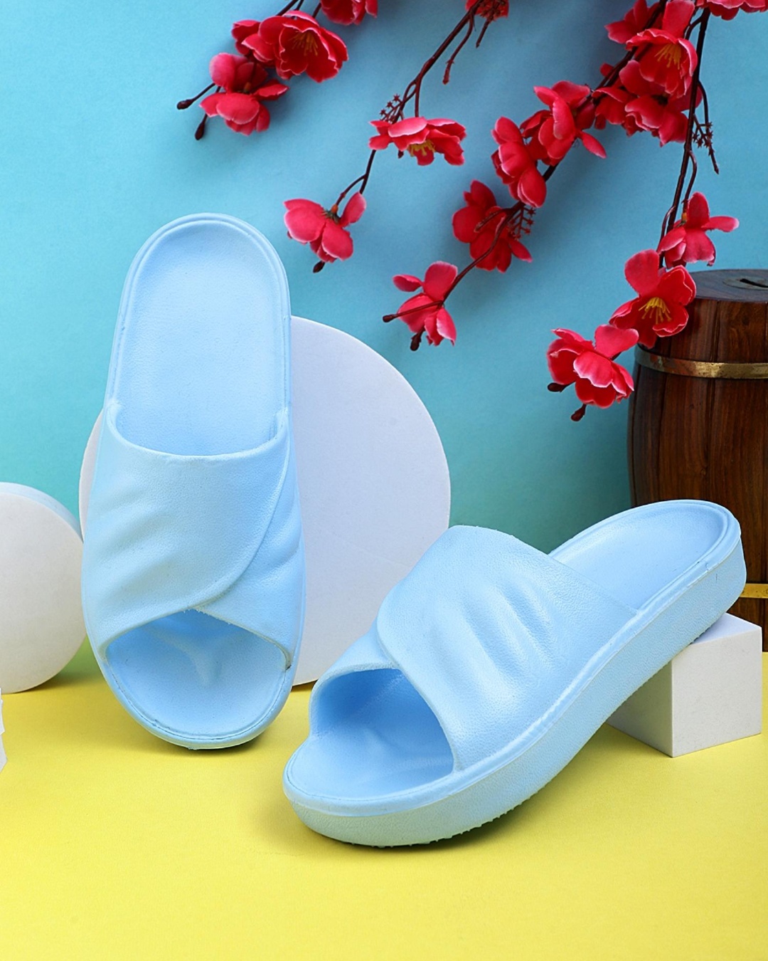 Buy Women's Blue Self Design Sliders Online in India at Bewakoof