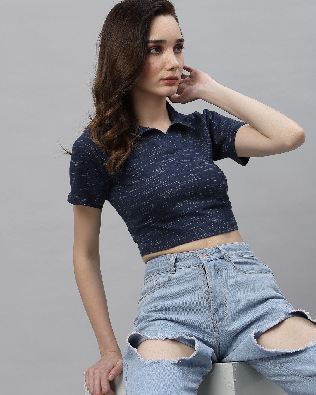 Buy Women's Blue Self Design Slim Fit Short Top Online at Bewakoof
